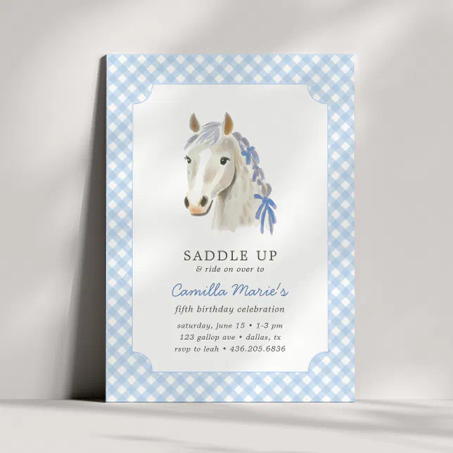 Girls Saddle Up Preppy Pony Horse Blue Birthday Invitation | Zazzle