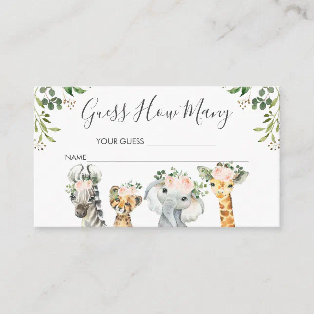 Girls Safari Animals Guess How Many Card Insert | Zazzle