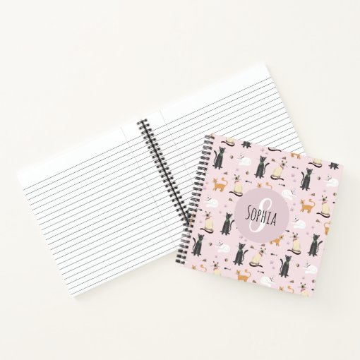 Girls School Cute Pink Cat Pattern Monogram Notebook | Zazzle