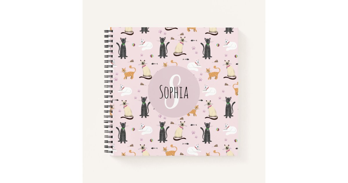 Girls School Cute Pink Cat Pattern Monogram Notebook | Zazzle