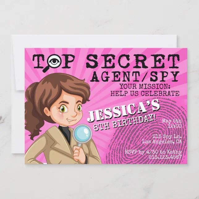 Girl's Secret Agent Spy Birthday Party Invitation | Zazzle
