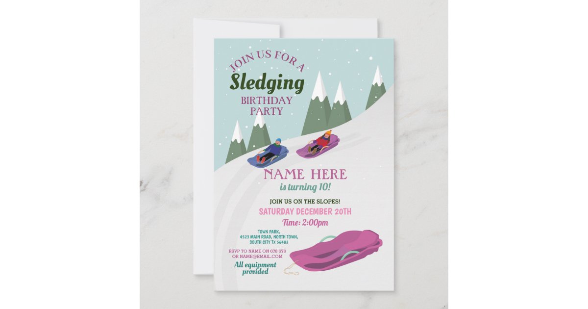 Girls Sledging Birthday Party Slopes Snow Invitation | Zazzle