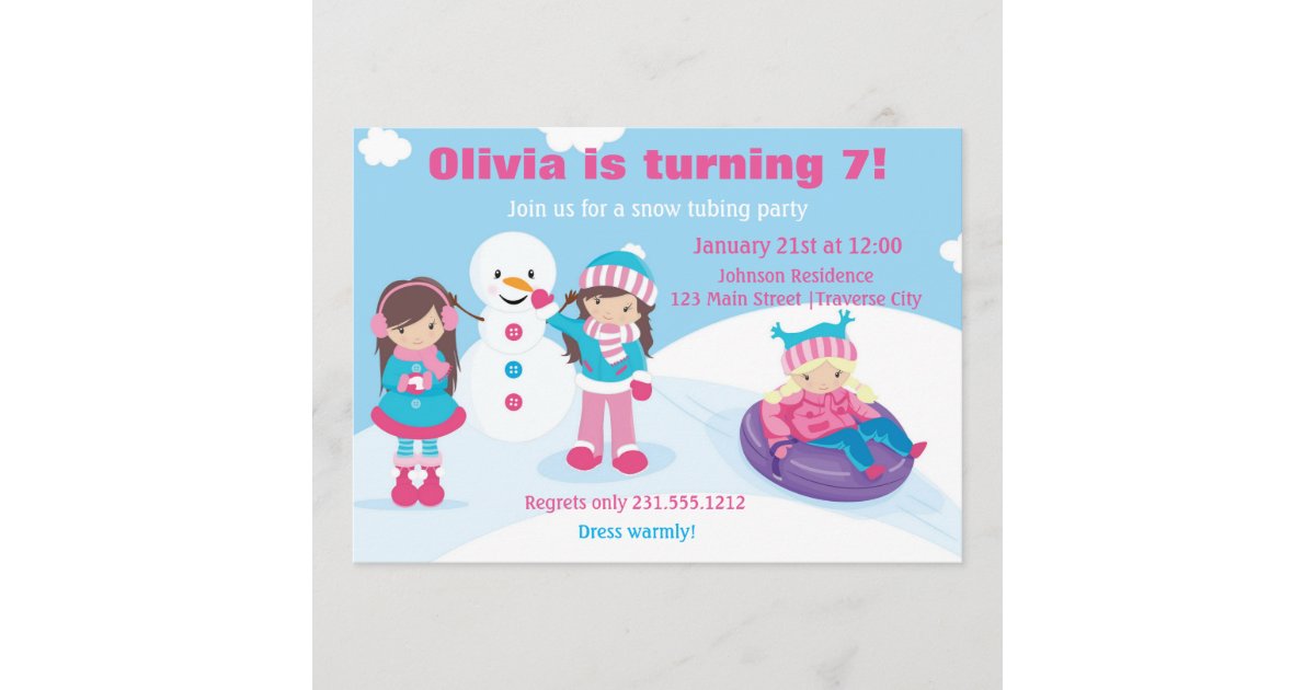 Girls Snow Tubing Invitation | Zazzle.com