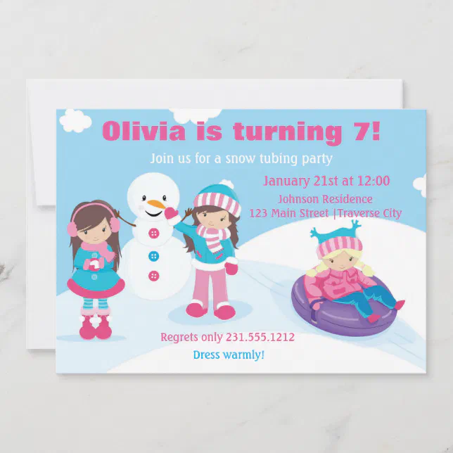 Girls Snow Tubing Invitation | Zazzle