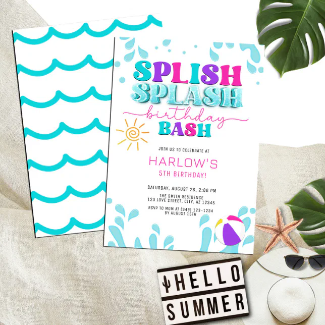 Girl's Splish Splash Water Party Birthday Invitation | Zazzle
