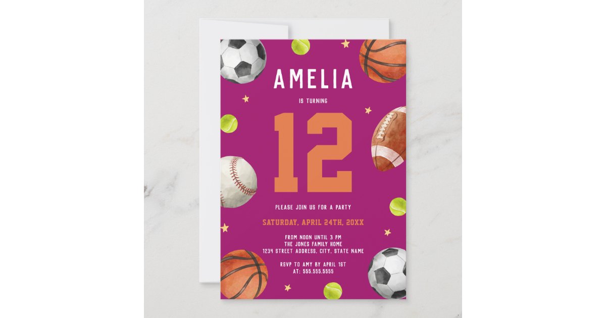 Girls Sports Theme Birthday Party Invitation | Zazzle