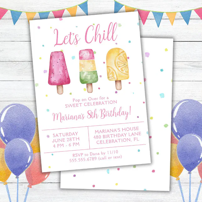 Girls Summer Let's Chill Popsicle Birthday Invitation | Zazzle