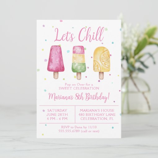 Girls Summer Let's Chill Popsicle Birthday Invitation | Zazzle