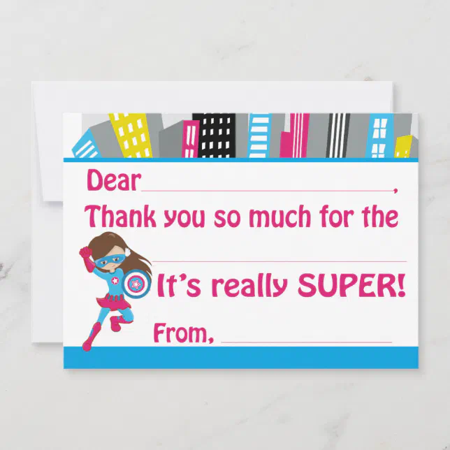 Girls Superhero Birthday Fill in Thank You Cards | Zazzle