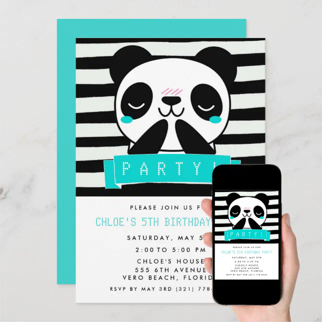 Girl's Teal Panda 5th Birthday Party Invitation | Zazzle
