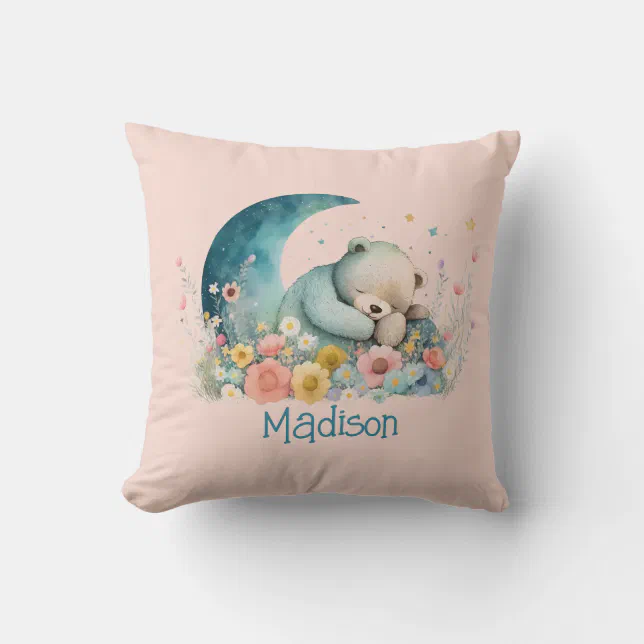Girls Teddy Bear Wildflowers Moon Personalized Throw Pillow | Zazzle