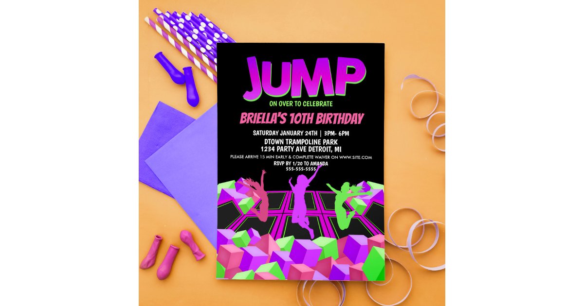Girls Trampoline Park Party Invitation | Zazzle