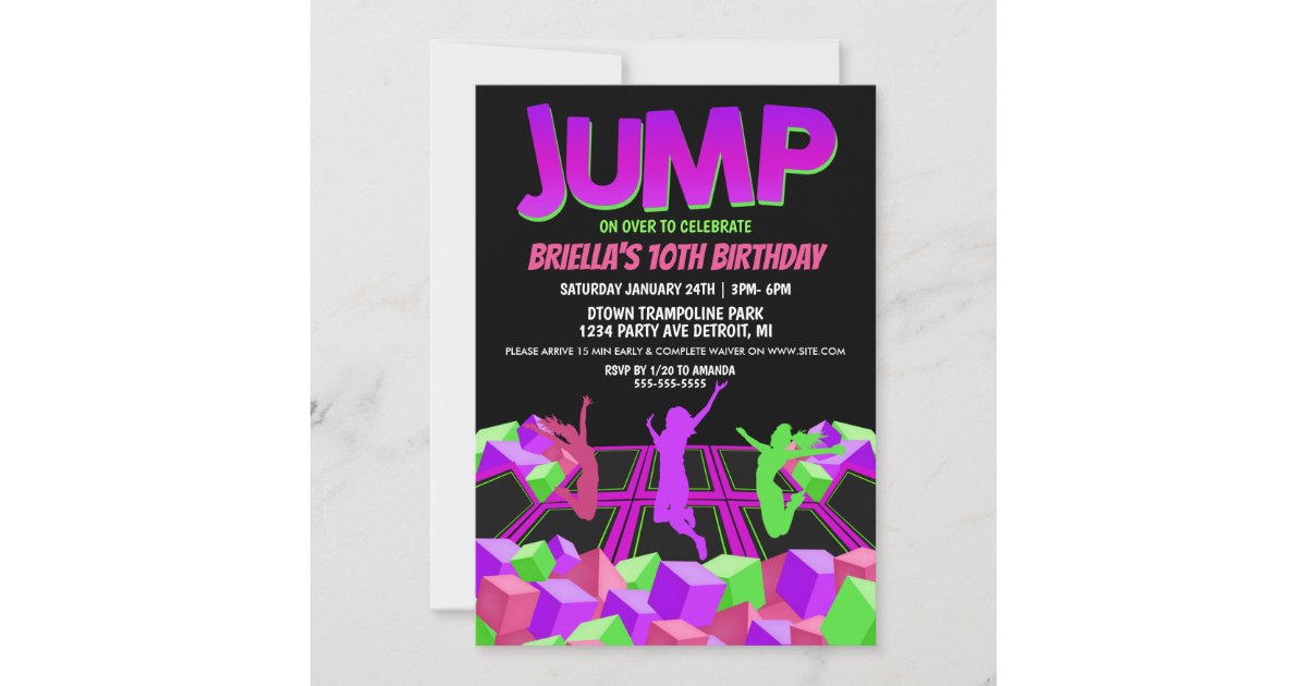 Girls Trampoline Park Party Invitation | Zazzle