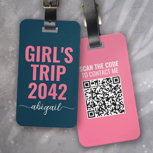 Girl's Trip Blue Pink Calligraphy QR Code Luggage Tag | Zazzle