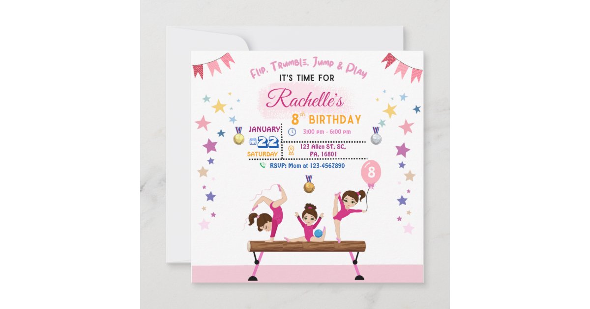Girls Tumbling Gymnastics Birthday Party Invite | Zazzle