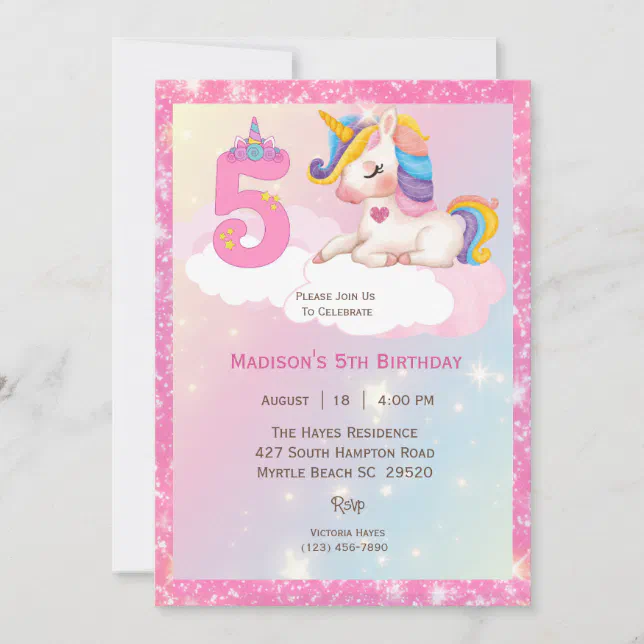Girls Unicorn Rainbow Glitter 5th Birthday Party Invitation | Zazzle