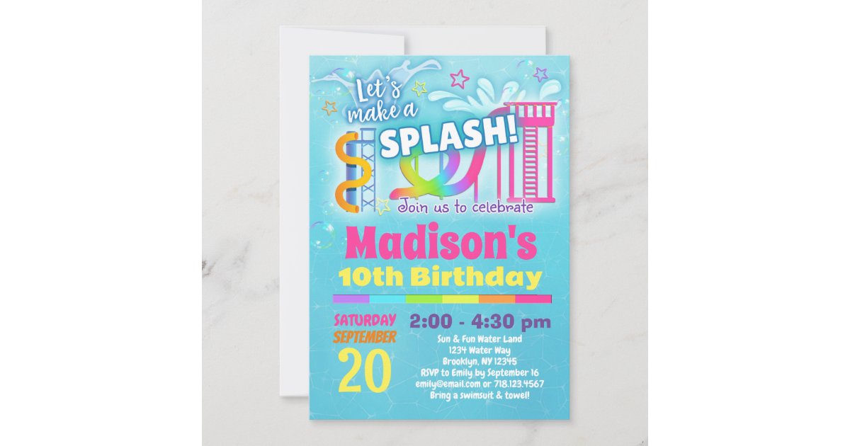 Girls Water Park Birthday Party Invitation | Zazzle