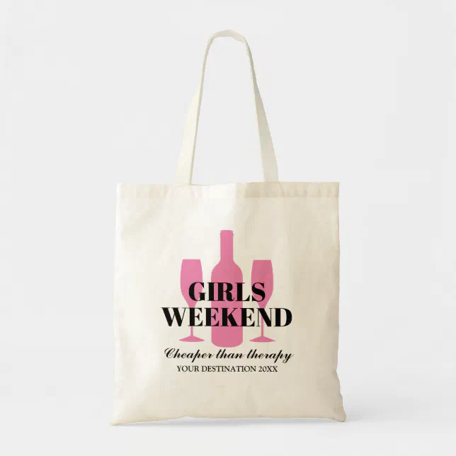 Girls weekend trip pink wine bottle and glasses tote bag | Zazzle