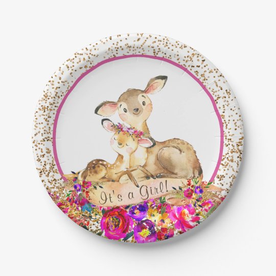 Girls Woodland Deer Baby Shower Paper Plates | Zazzle.com