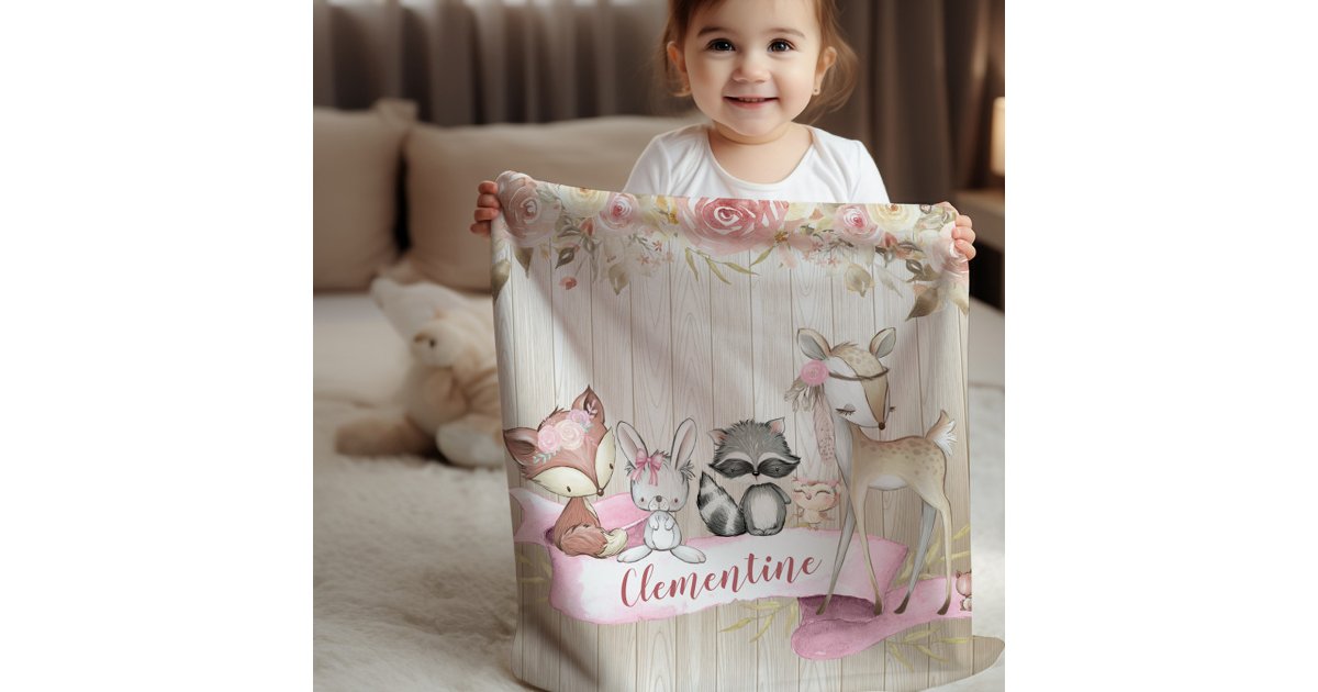 Girls Woodland Forest Animal Friends Deer Fox Baby Blanket | Zazzle