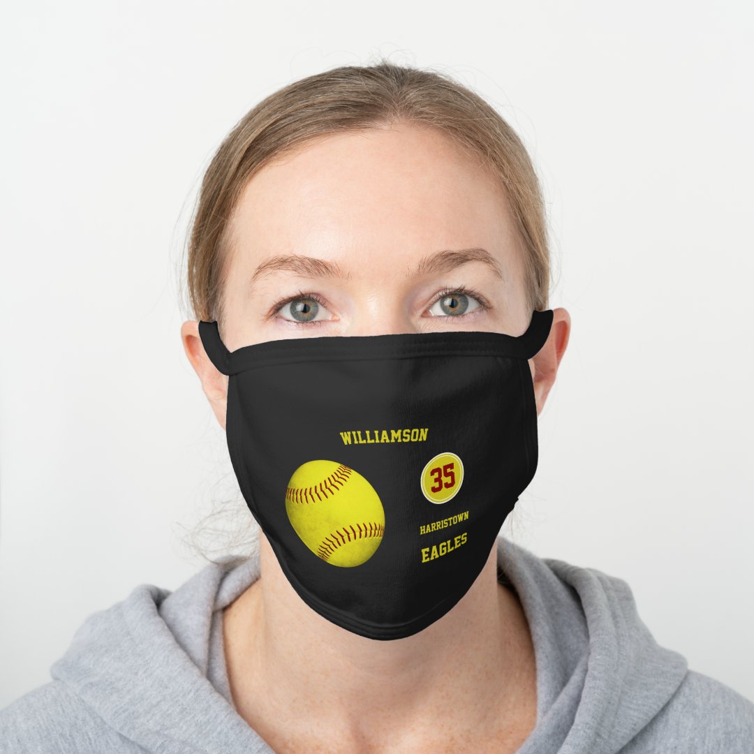 girls yellow softball team spirit personalized black cotton face mask ...