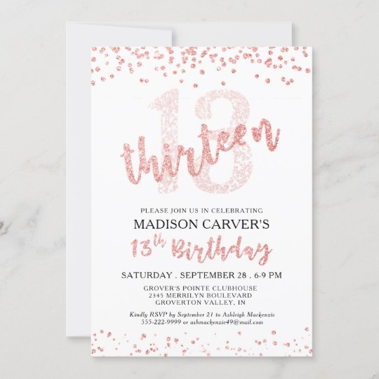 Girly 13th Birthday Rose Gold Glitter Confetti Invitation | Zazzle.com