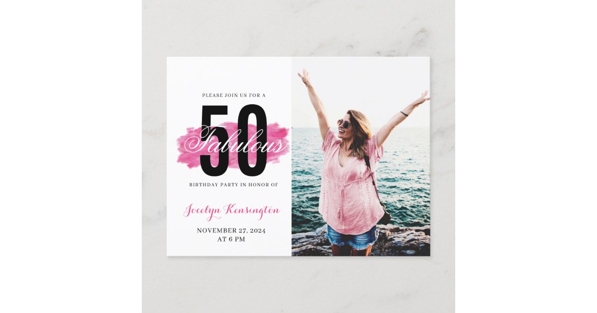 Girly 50th Birthday Hot Pink Watercolor Photo Postcard | Zazzle