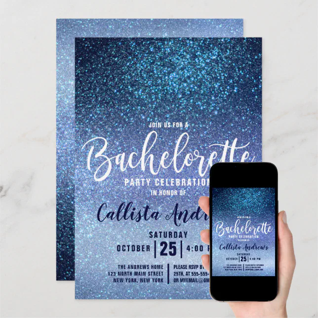 Girly Aqua Baby Blue Triple Glitter Bachelorette Invitation | Zazzle