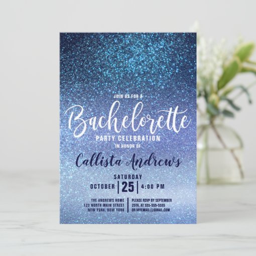 Girly Aqua Baby Blue Triple Glitter Bachelorette Invitation | Zazzle