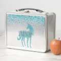 Girly Aqua Glitter Unicorn Metal Lunch Box | Zazzle