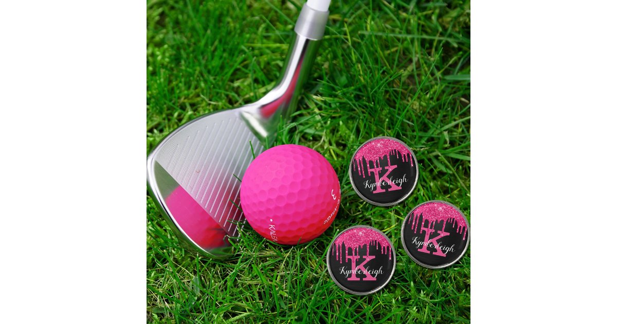 Girly Black Hot Pink Glitter Drips Monogram Name Golf Ball Marker | Zazzle
