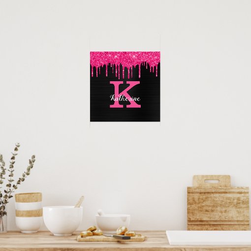 Girly Black Hot Pink Glitter Drips Monogram Name Poster | Zazzle