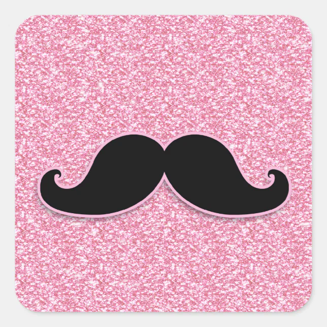 GIRLY BLACK MUSTACHE PINK GLITTER PRINTED SQUARE STICKER | Zazzle