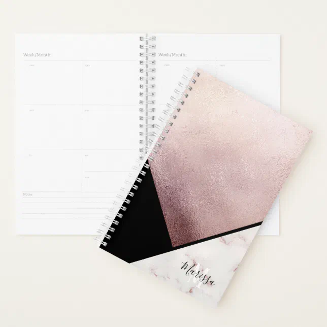 Girly Black & Rose Gold Marble Abstract Monogram Planner | Zazzle