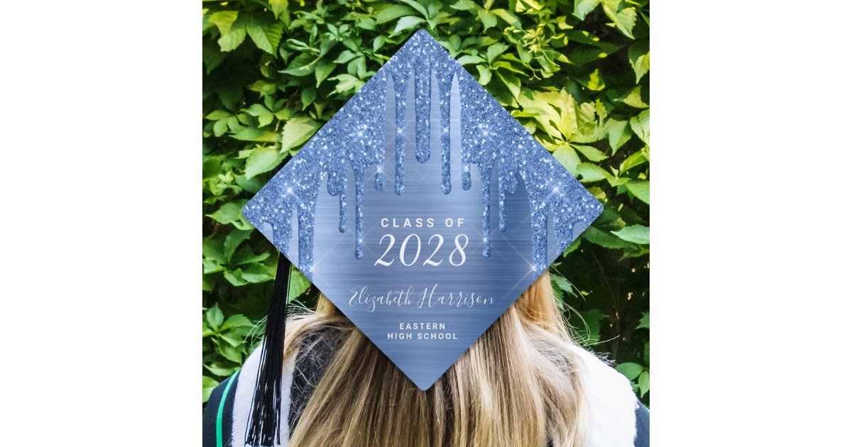 Girly Blue Glitter Personalized Graduation Cap Top | Zazzle