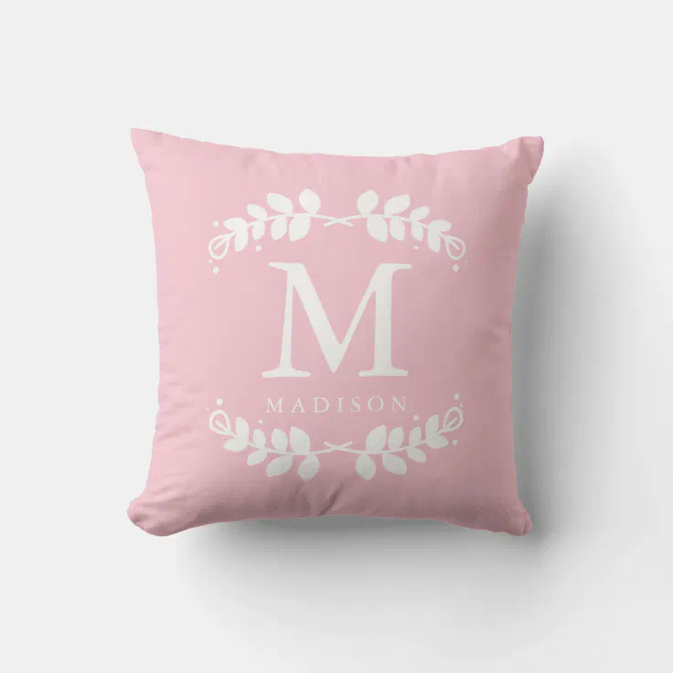 Girly Blush Pink Floral Frame Monogram Throw Pillow | Zazzle