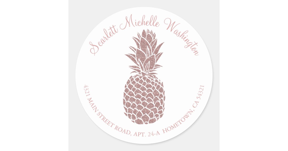Girly Blush Pink Glitter Pineapple Address Classic Round Sticker | Zazzle