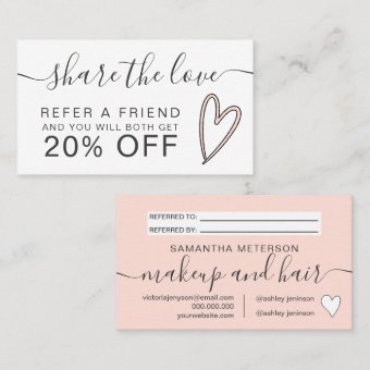 girly blush pink heart script font share the love referral card | Zazzle