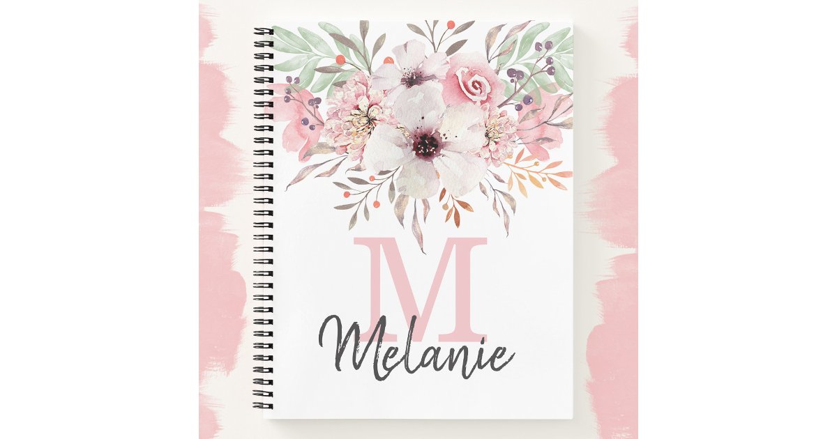 Girly Blush Pink Monogram Floral Notebook | Zazzle