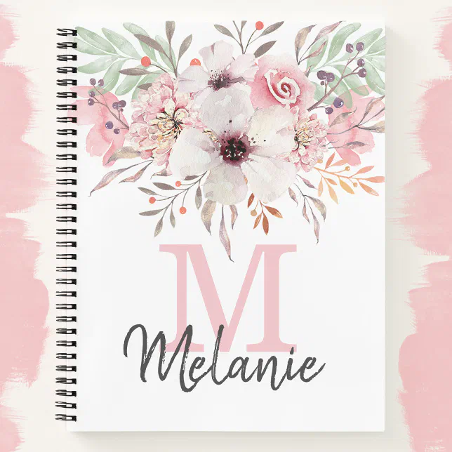 Girly Blush Pink Monogram Floral Notebook | Zazzle