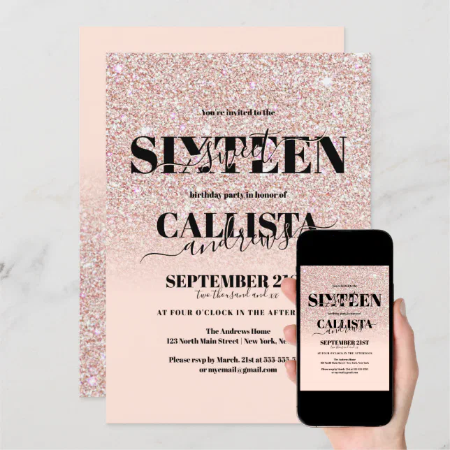Girly Blush Pink Rose Gold Glitter Sweet 16 Invitation Zazzle