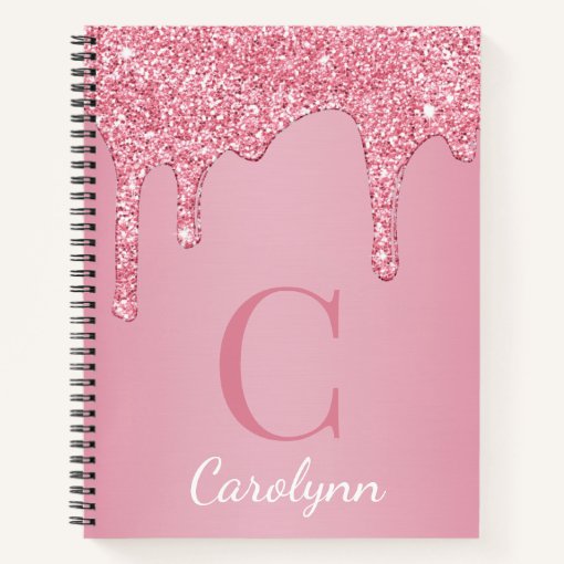 Girly Blush Pink Sparkle Glitter Drips Monogram Notebook | Zazzle