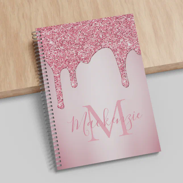 Girly Blush Pink Sparkle Glitter Drips Monogram Notebook | Zazzle