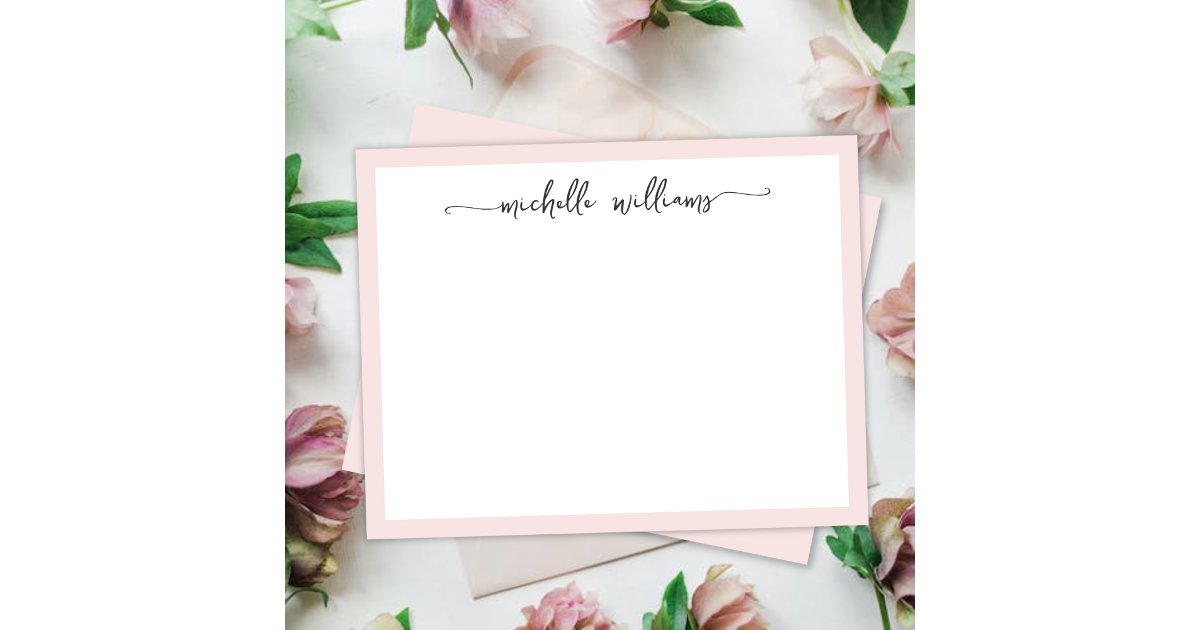 Girly Blush Stylish Calligraphy Script Signature Note Card | Zazzle