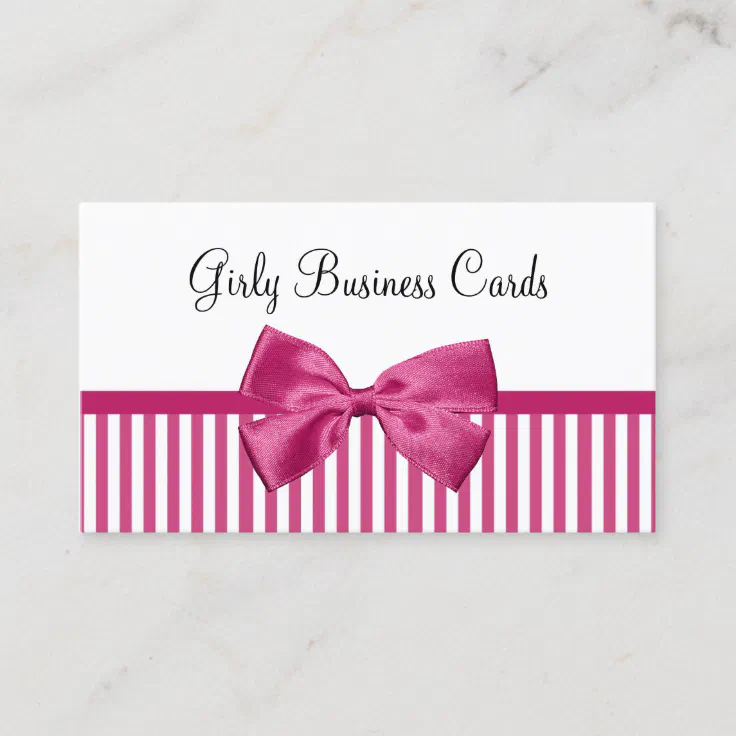 Girly Bright Pink and White Stripes Cute Pink Bow Business Card | Zazzle