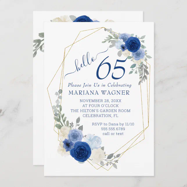 Girly Chic Navy Blue Floral 65th Birthday Invitation | Zazzle