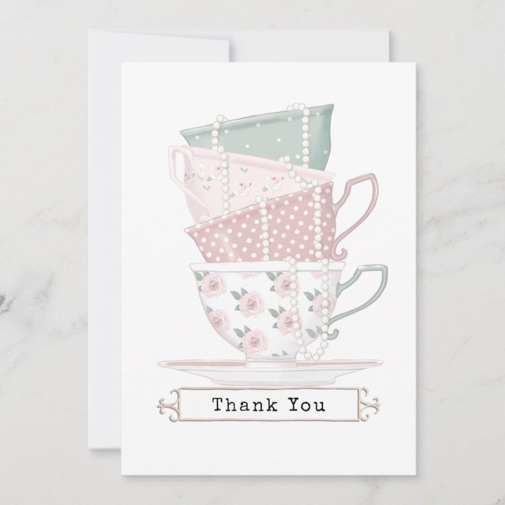 Girly Chic Teacup Stack and Pearls Thank You Card | Zazzle