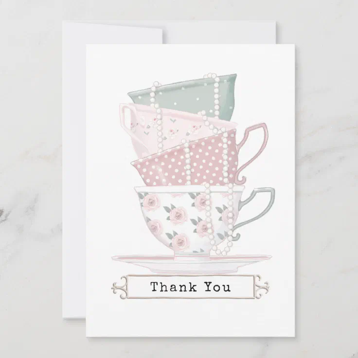 Girly Chic Teacup Stack and Pearls Thank You Card | Zazzle