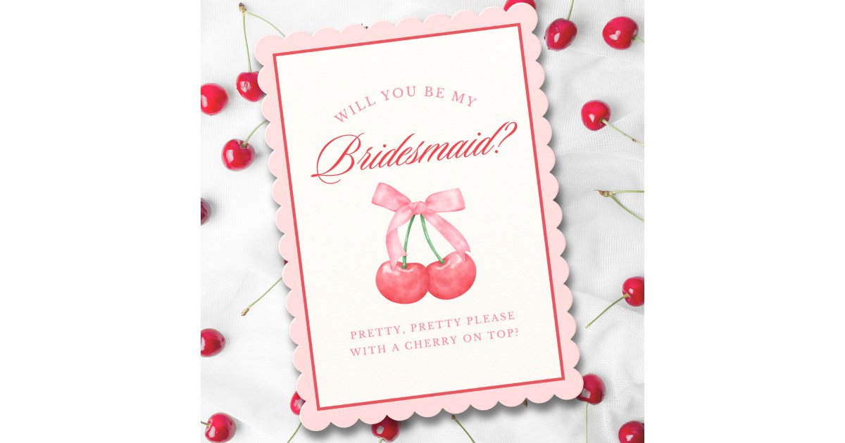 Girly Coquette Bow Cherry Bridesmaid Proposal Card | Zazzle