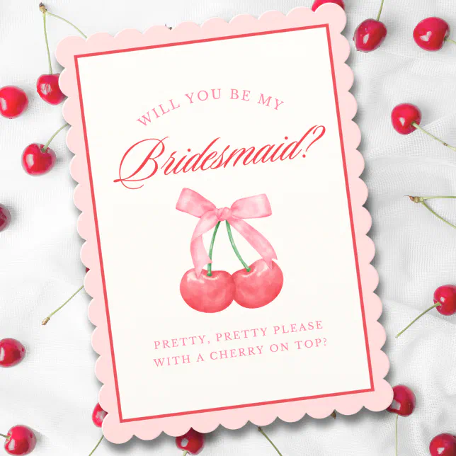 Girly Coquette Bow Cherry Bridesmaid Proposal Card | Zazzle